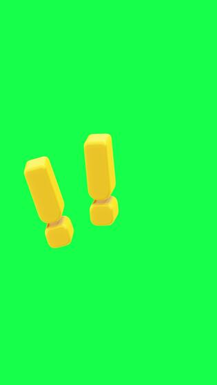 4K 3D animation of exclamation marks in bright yellow color on a green screen background ...