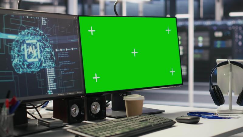 Chroma key computer display in server room set up to simulate AI environment diagnostics. Green ...