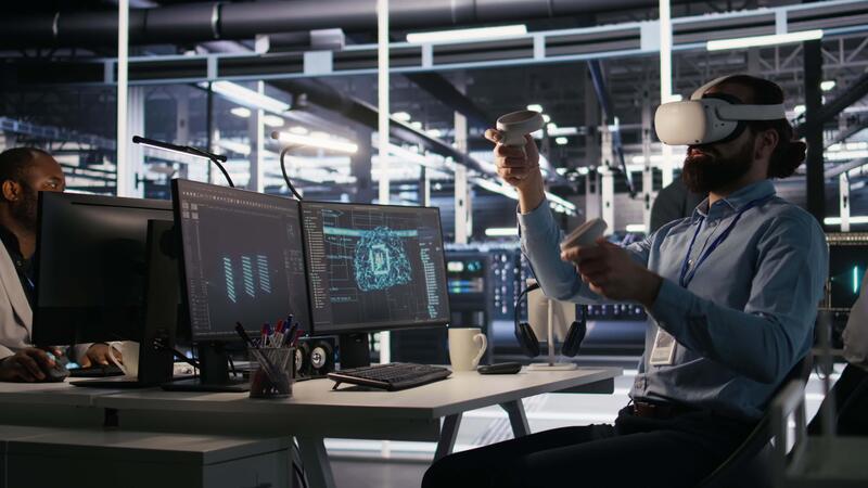 Data center technician using VR headset to monitor neural network AI LLM visualization. Server ...