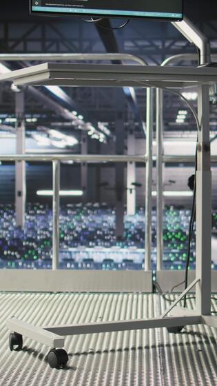 Vertical Industrial Platform Workstation In Automated Data Center Displaying Machine Learning