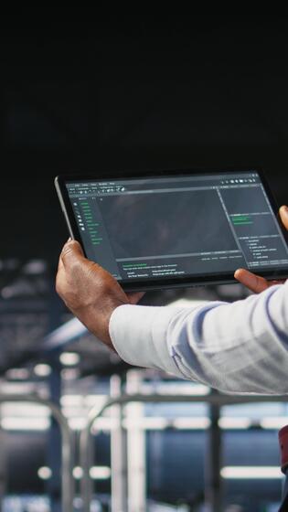 Vertical Close up of data center programmer looking at code debugging tools running on tablet ...