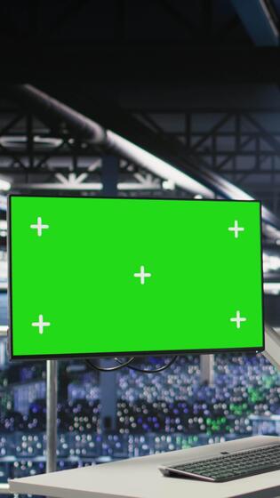 Vertical Data center engineering team coding on green screen PC, monitoring AI systems. Server ...