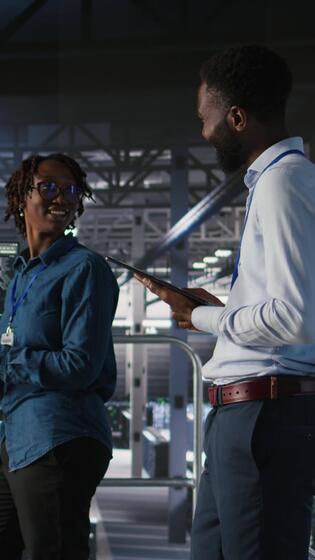 Vertical Engineers working together on data center industrial platform, completing software ...