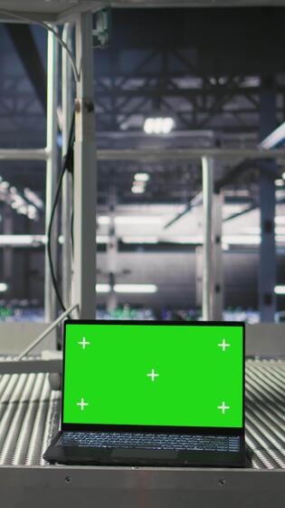 Vertical Isolated screen laptop automating supercomputers hardware inside server hub. Chroma key ...