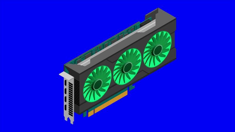 Isometric graphic card animation. card isometric. Computer hardware components. GPU graphic card ...