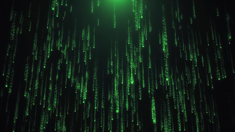 Matrix style futuristic background with cascading streams of glowing green digital code ...