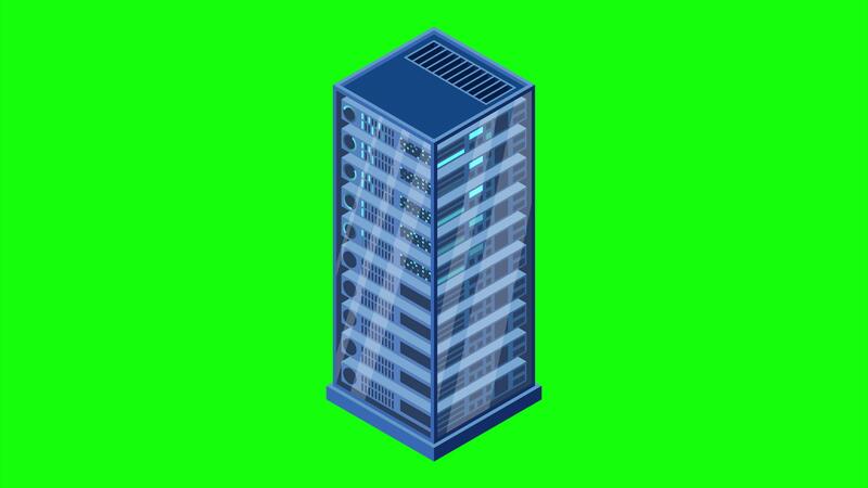 Isometric server animation. Network server room. 3D computer equipment. Storage database ...