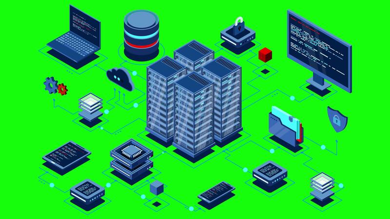 Isometric computer technology animation. Computation of big data center. Cloud computing. Online ...