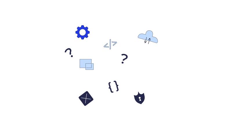 Programming and development icons appearing floating 2D animation. Gear, cloud upload, secure ...