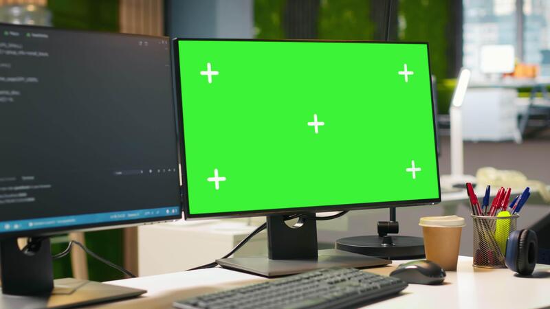 Isolated screen computer monitor in modern startup office displaying ...