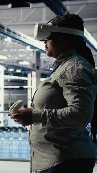 Vertical Software Developer In Server Room Wearing Vr Goggles Optimizing Deep Learning Systems