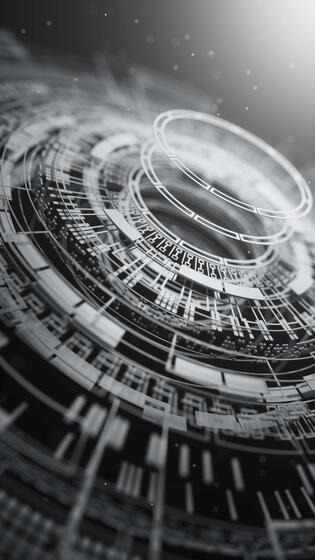 Futuristic digital interface with abstract circular HUD elements in monochrome. High Tech Sci Fi ...