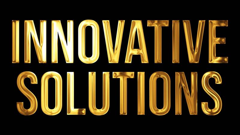 Innovative Solutions text in a 3D golden metallic style. Animated typography for a corporate ...