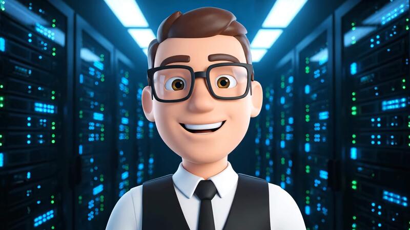Cartoon Character Stands Smiling in Front of Servers in a Data Center ...