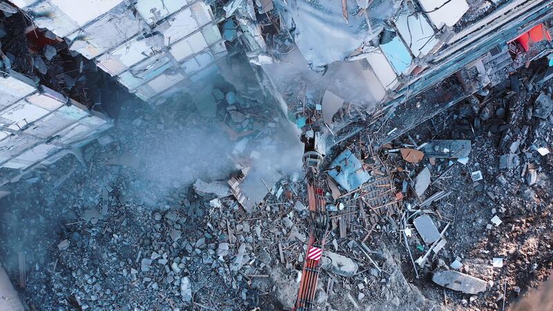 Dangerous destroyed building after earthquake. Destructive broken house ...