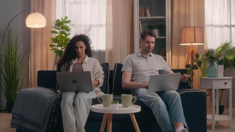 Family gadget addiction Caucasian man freelancer working laptop at home ...