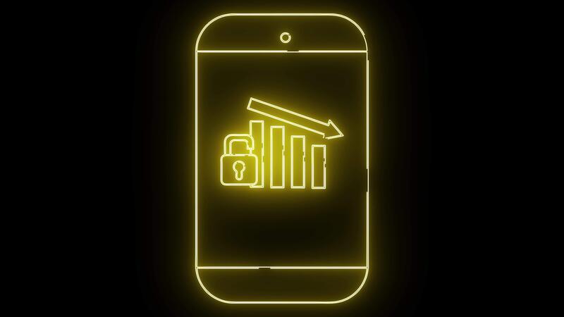 Glowing yellow outline of a phone displaying a bar graph with a ...
