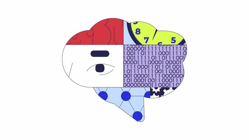 Data science brain 2D animation. Binary code. Neural nodes. Clock gears ...